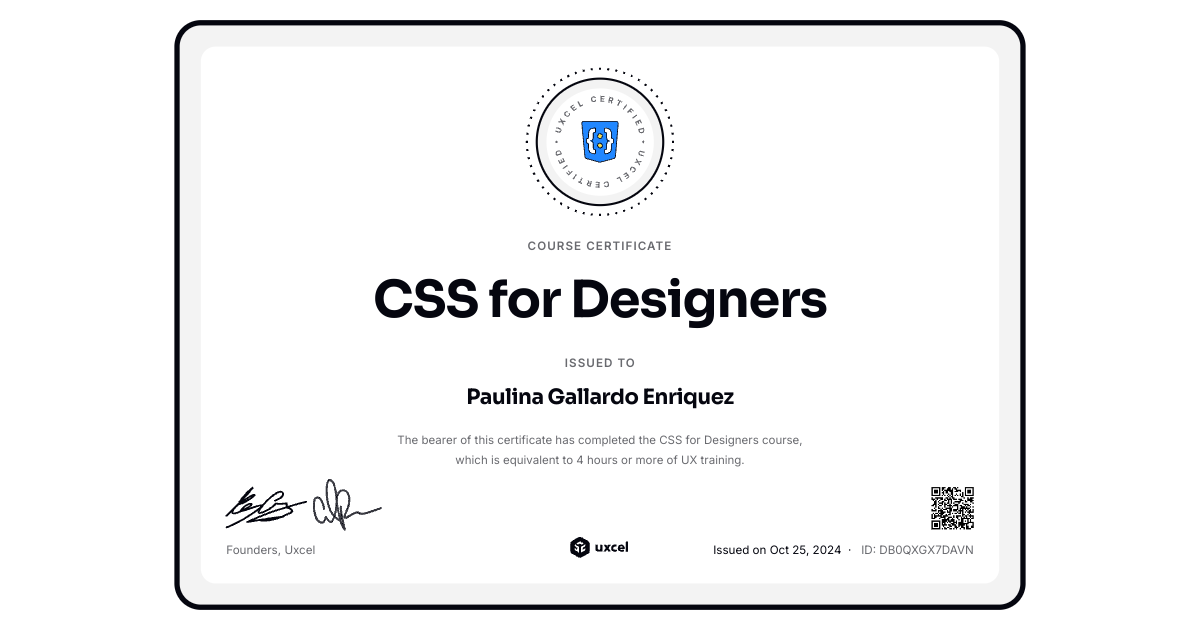 Certificate of completion for CSS Foundations | Uxcel